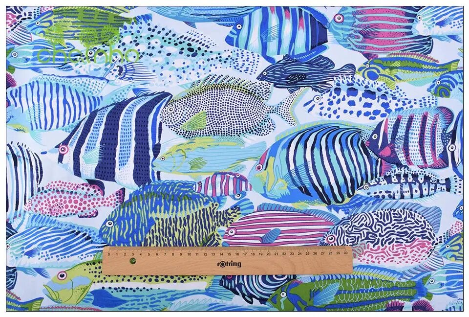 Холщовая ткань с рыбками, синий, 100x145cm, CF06B-1piece