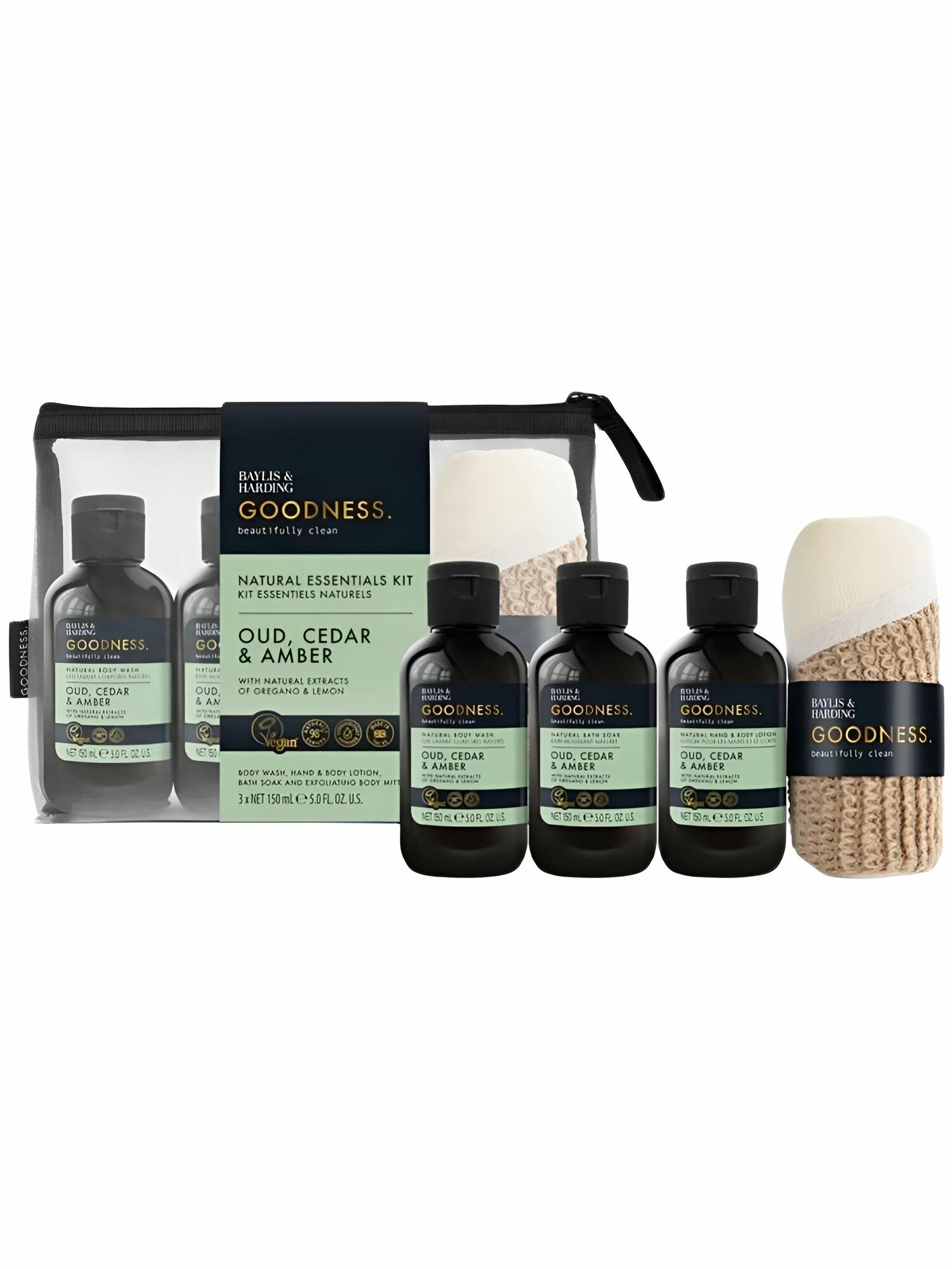 Baylis & Harding, Goodness Oud Cedar & Amber, Набор для ухода: Гель для душа 150 мл + Пена для ванны 150 мл + Лосьон для тела 150 мл + Мочалка