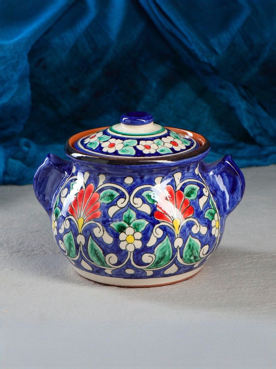 Сахарница Риштанская Керамика "Цветы", 1 л, синяя
