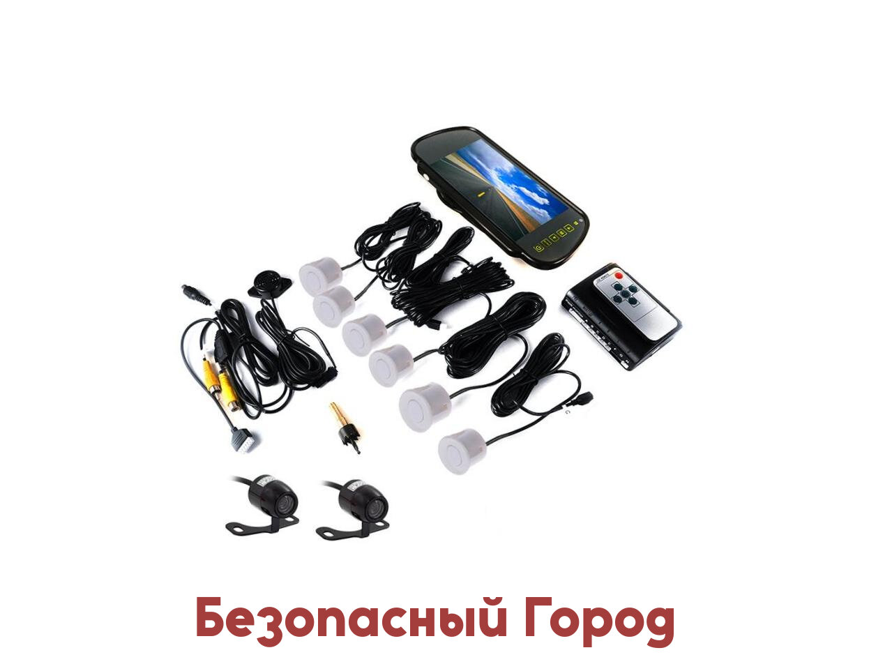 Мастер-Парк Мод:041/6-PZ(белый) (O48715OK) (белые датчики парковки) - парктроник с 2мя камерами, 6ю датчиками и монитором 7 дюймов в зеркале