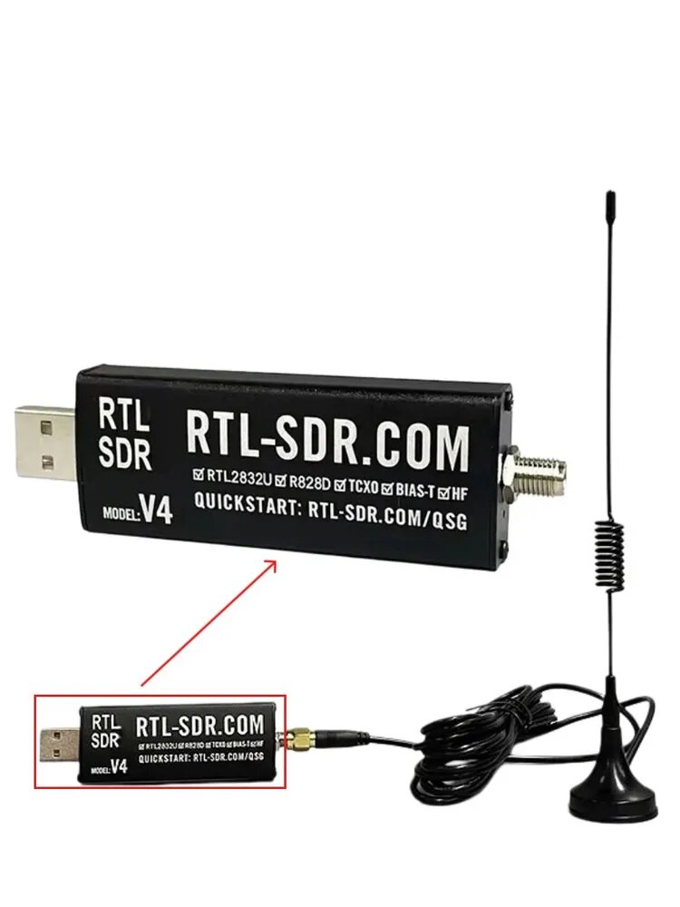 RTL-SDR V4 Программно-определяемый радиоприемник RTL-SDR V4 RTL2832U 1PPM TCXO HF BiasT SMA Software Defined Radio +Антенна