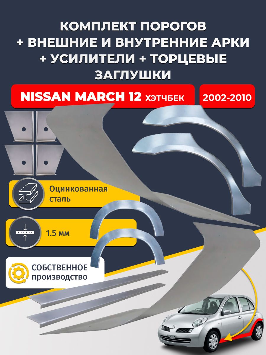 Комплект ремонтных задних внешних и внутренних арок (0,8 мм) + комплект порогов + 4 торцевые заглушки + усилители, на Nissan March K12 2002-2010 хэтчбек 5 дв (Марч 3) Оцинкованная сталь 1.5 мм