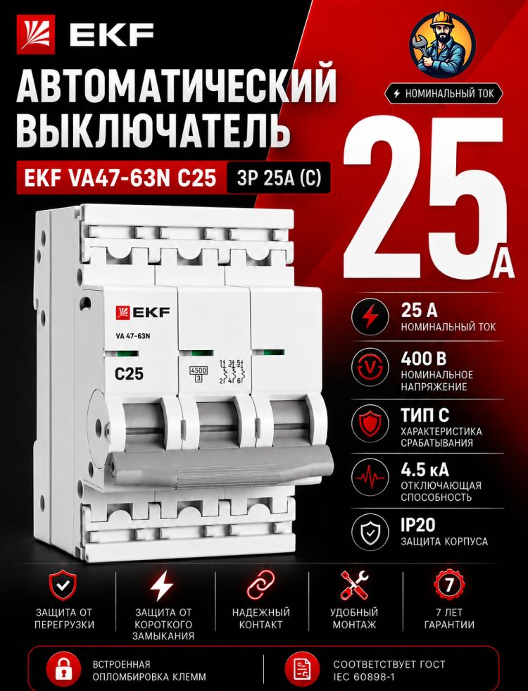 Выключатель автоматический модульный 3п C 25А 4.5кА ВА 47-63 PROxima EKF (ЭМБ)