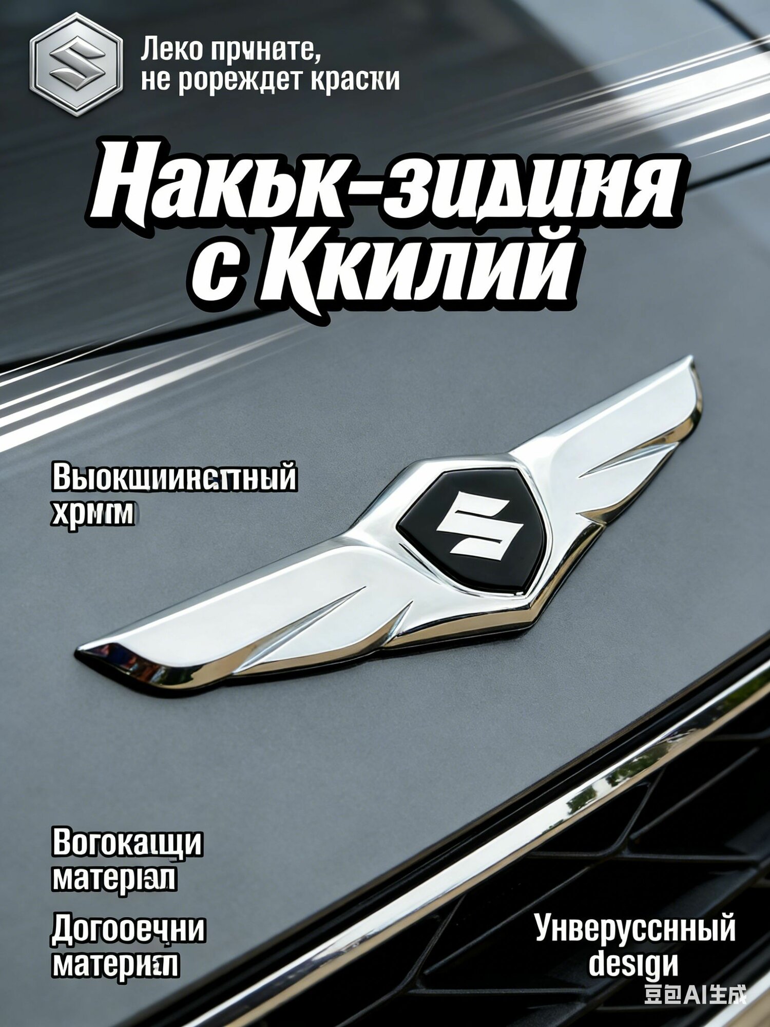 Металлический значок Suzuki с крыльями 140х30 мм, 1 шт, подарочный тюнинг аксессуар на багажник и капот, самоклеящийся
