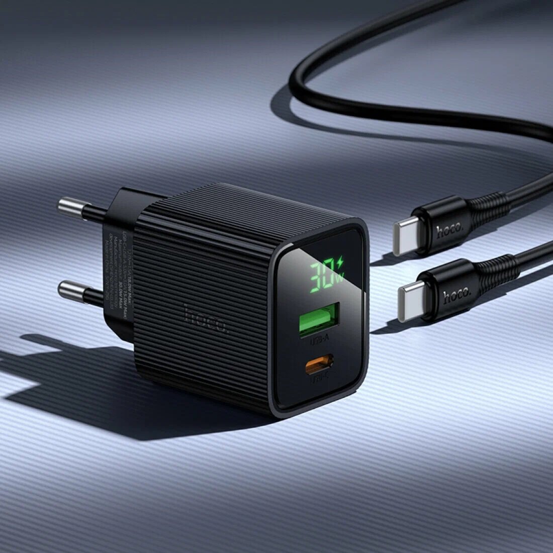 Сетевое зарядное устройство Hoco CS84A, USB+Type-C, PD30W+QC3.0, с кабелем Type-C to Type-C и дисплеем, черный