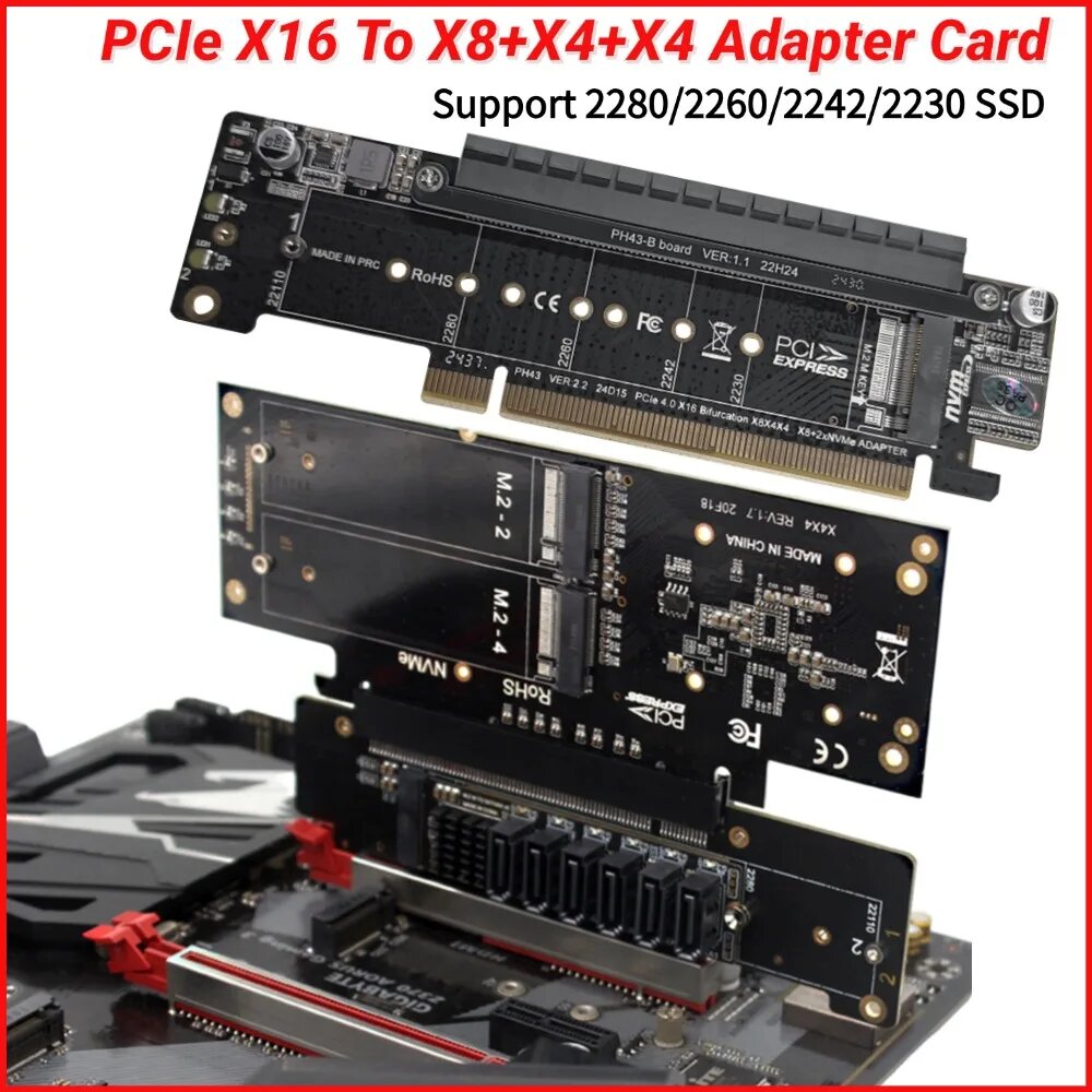 Адаптер PCIe X16 к X8+X4+X4 M.2 PCIE Входные порты M.2 NVMEx2, карта расширения, поддержка твердотельного накопителя 2280/2260/2242/2230