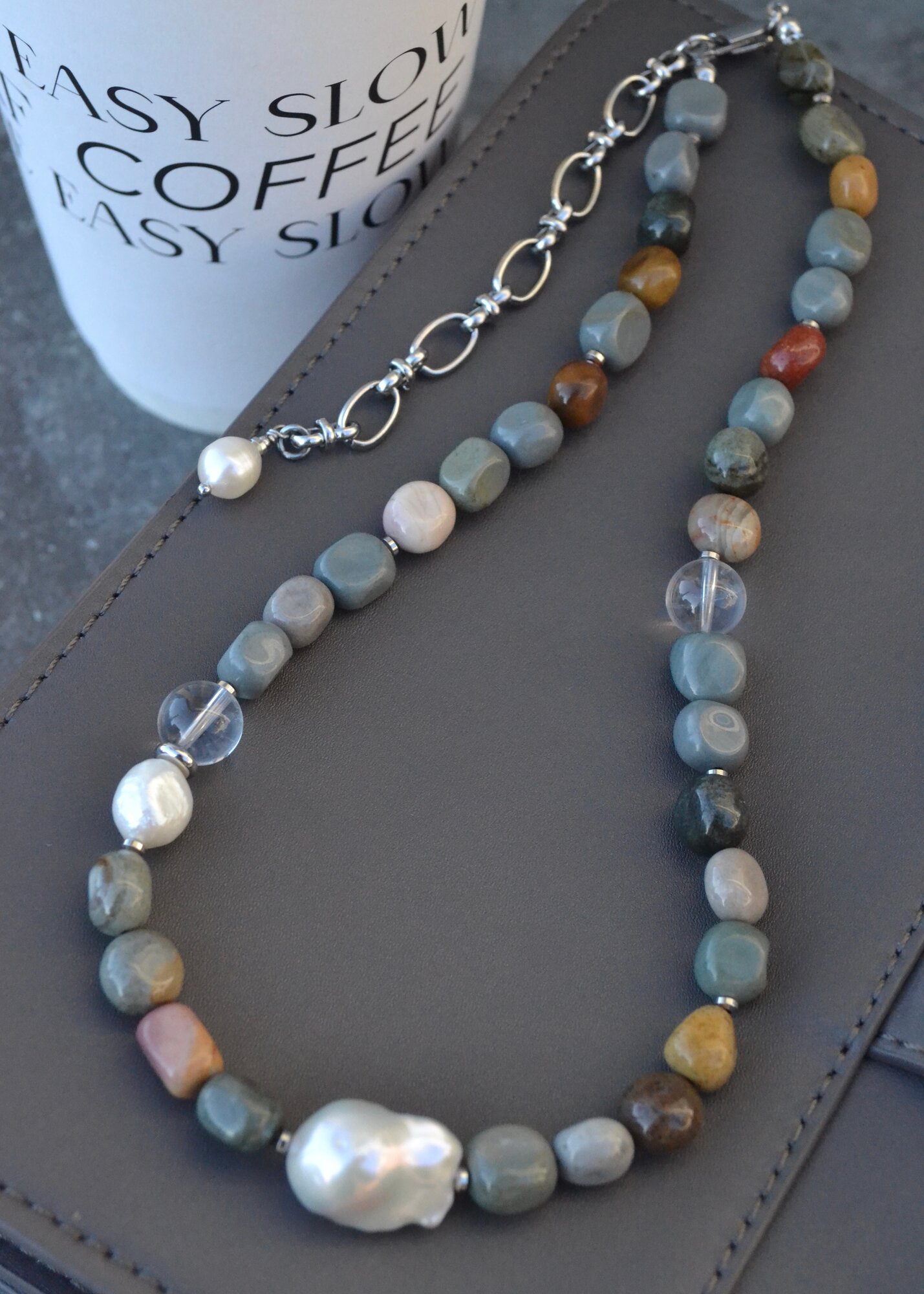 Колье, жемчуг барочный, горный хрусталь, жемчуг культивированный