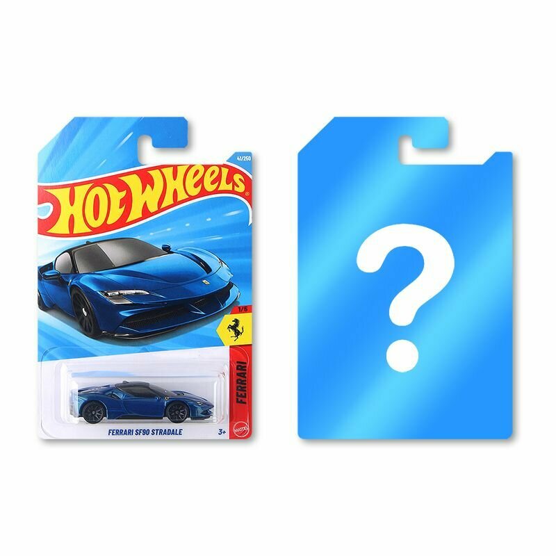 Металлические машинки HOT WHEELS, 1:64 масштаб(синий феррари SF90+одна случайная модель)
