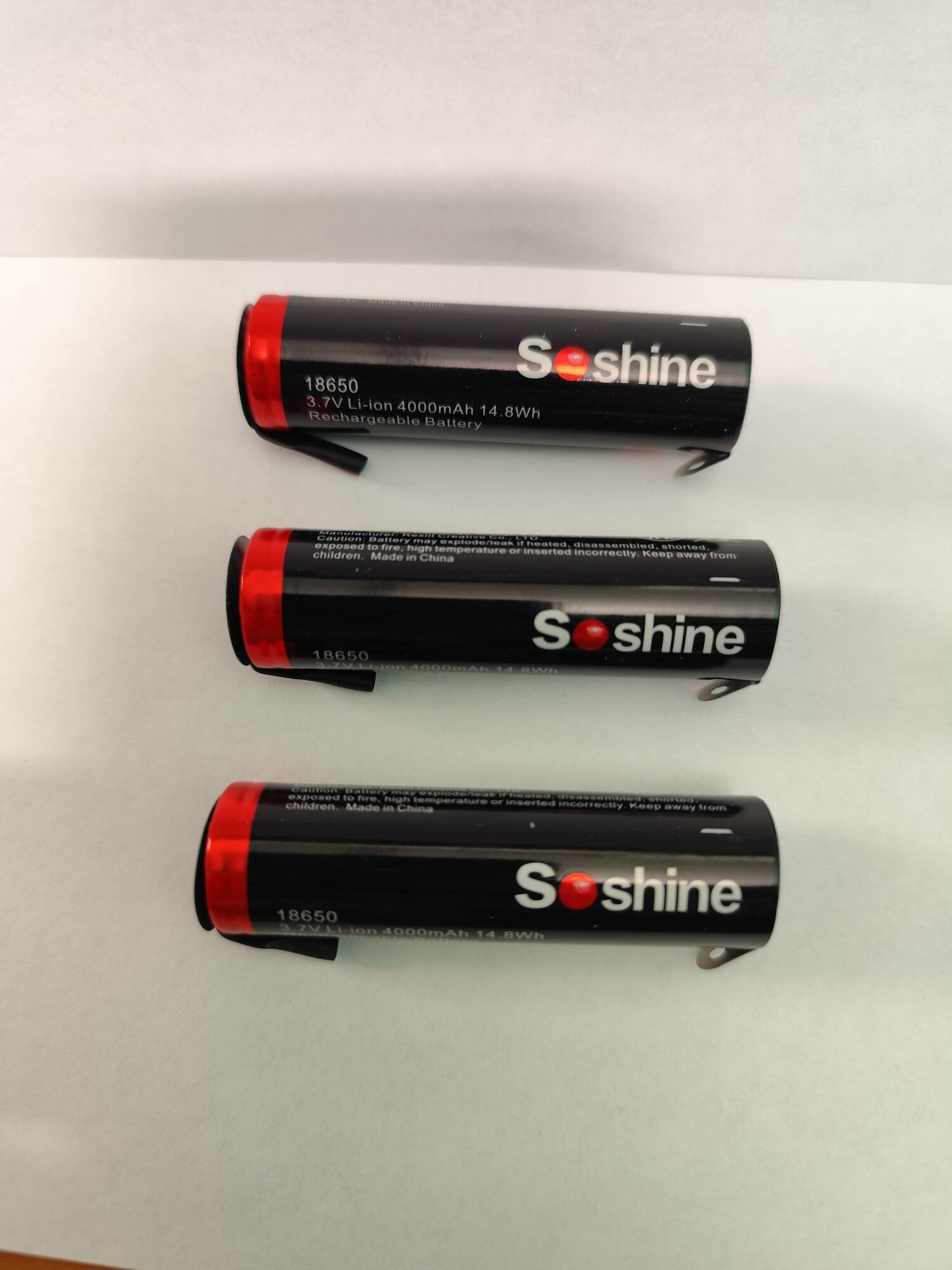 Soshine Аккумуляторная батарейка тип 18650 3.7 V, 14,8 Wh, 4000 mAh, 3 шт. с выводами для пайки.