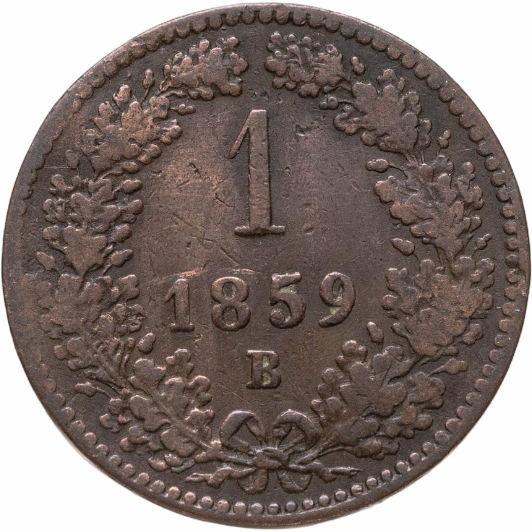 Австрия 1 крейцер kreuzer 1859 В, Медь, в сохранности VF