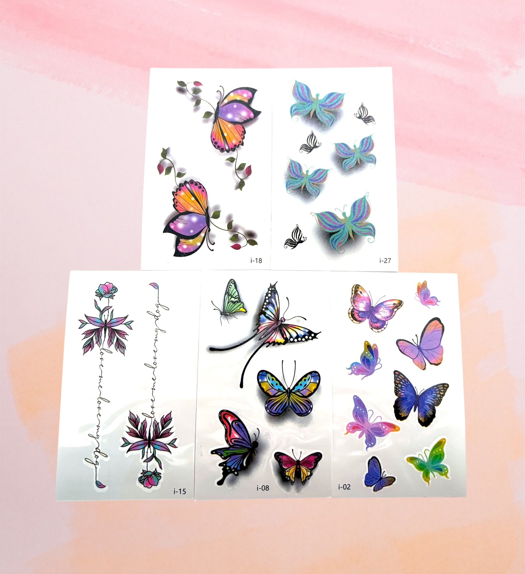 Набор переводных тату с бабочками 5 листов для чувственного украшения тела размер упаковки 10 см на 6 см