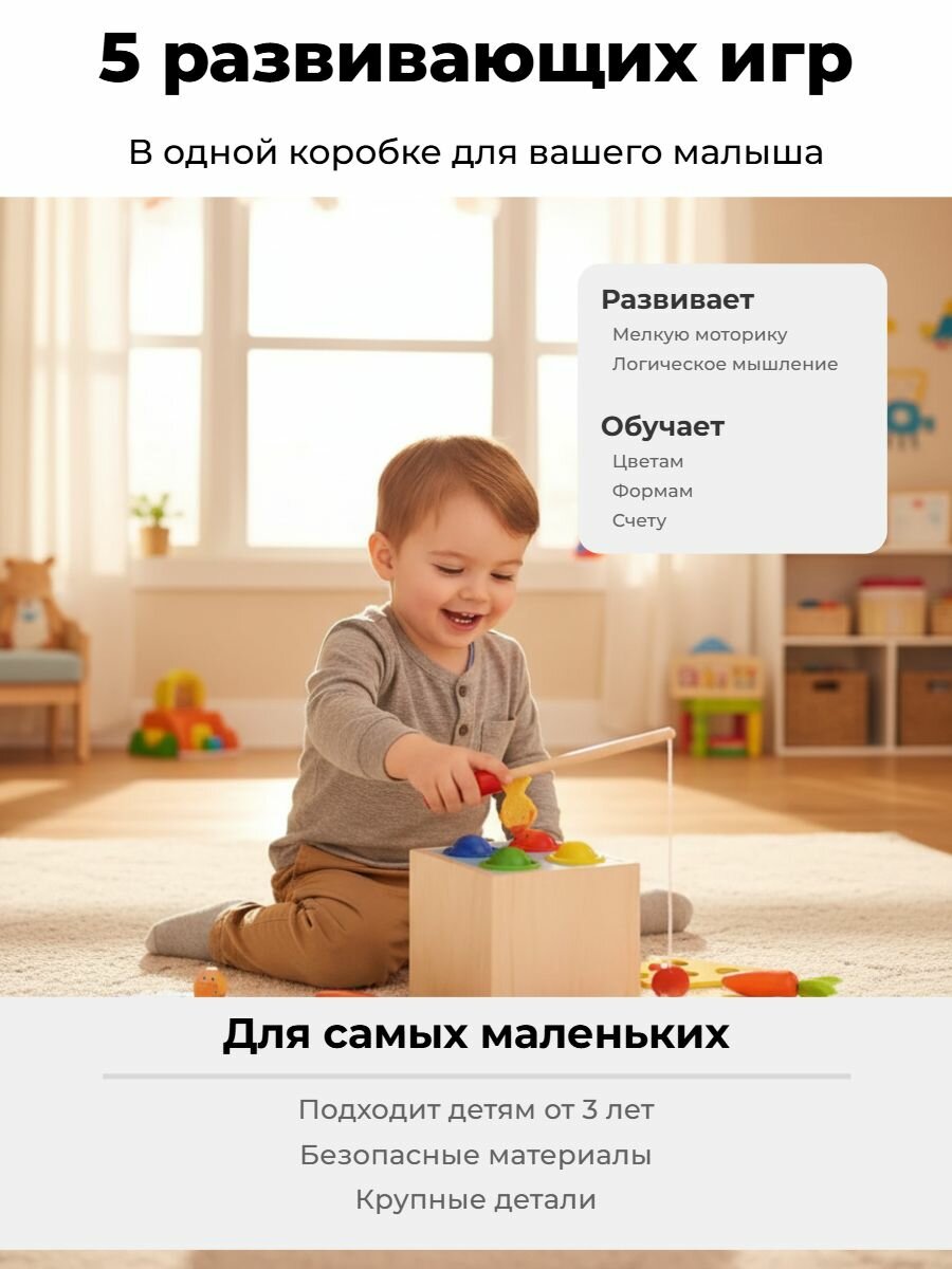 Деревянный сортер 5 в 1 для малышей , игровой набор по системе Монтессори для детей.3+