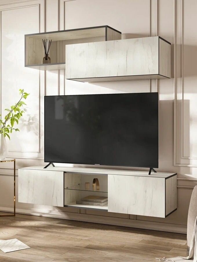 Тенка в гостиную под телевизор Норд, мебель с подвесными секциями для хранения, 150х35х170 см, Дуб крафт белый