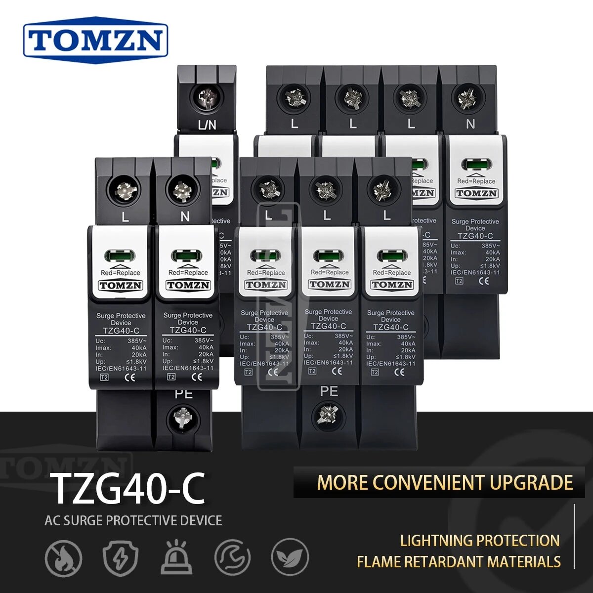 TOMZN DIN-рейка защита от перенапряжения TZG40-B/C/D 2P, 275V AC 30-60kA