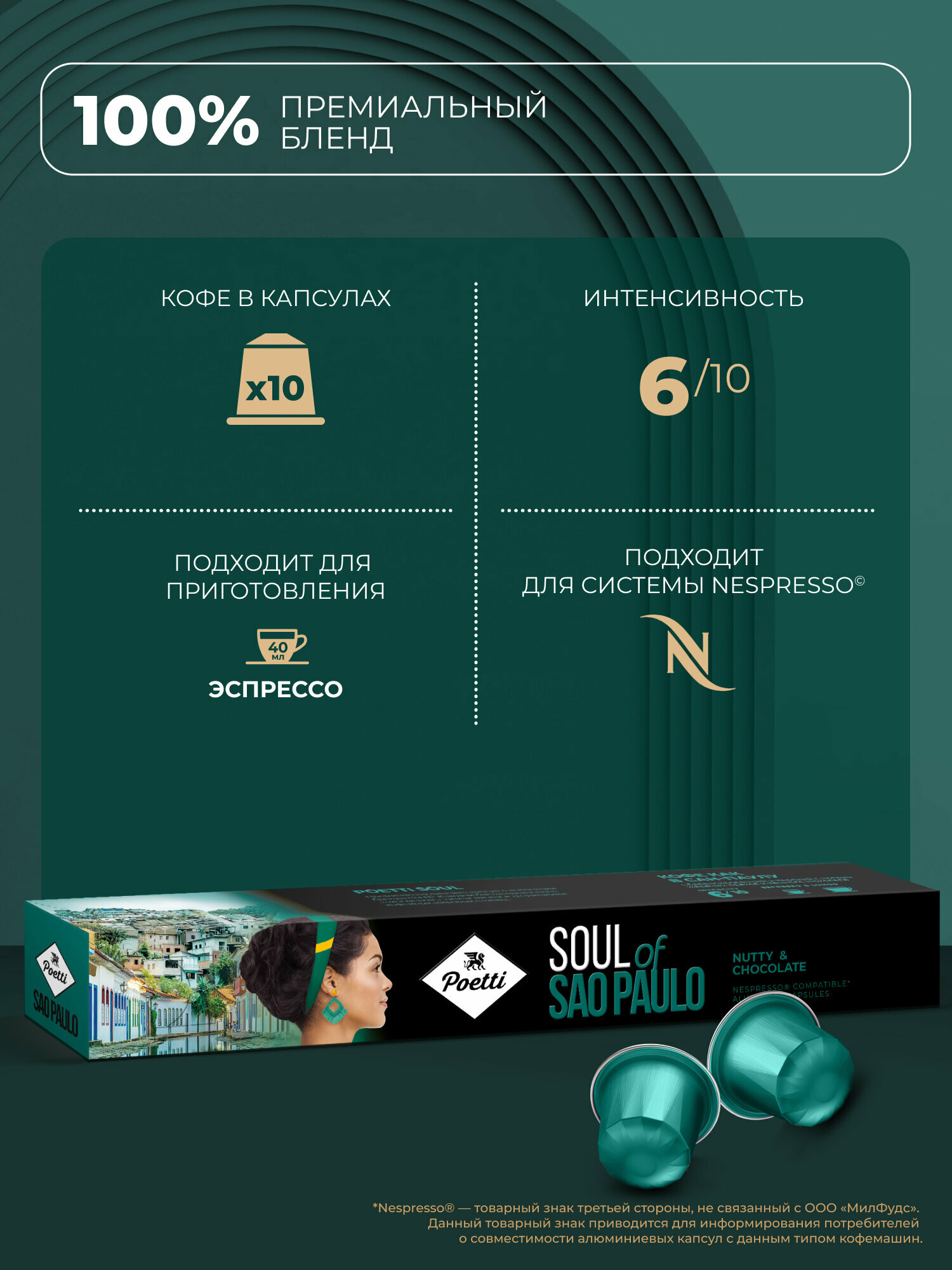 Кофе в капсулах Poetti Soul of Sao Paulo, интенсивность 6, 10 капсул