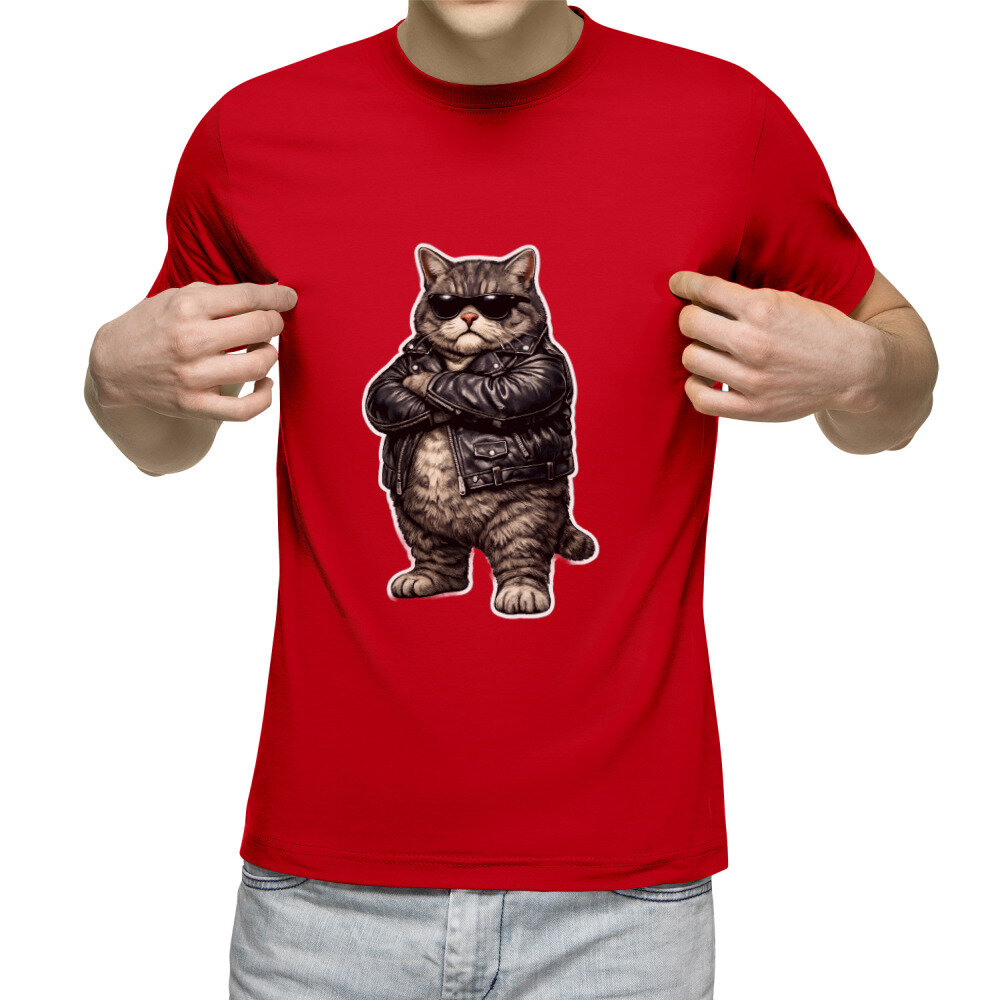 Мужская футболка «Крутой Кот в кожаной куртке» (красный, 2XL)
