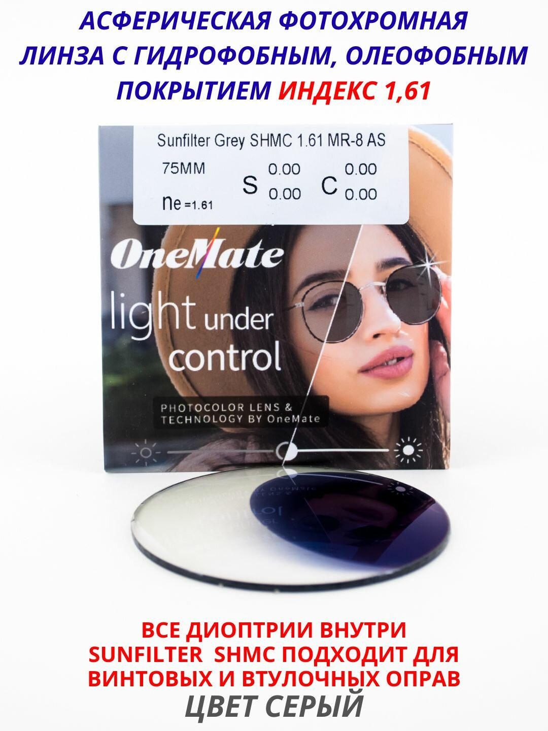 Линза для очков, сфера -2.50 Фотохромные цвет серый OneMate SUNFILTER индекс 1.61