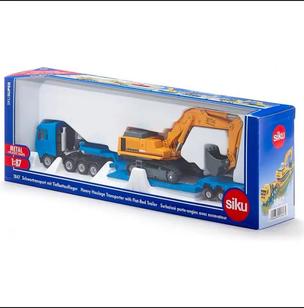 Игрушечный набор SIKU №1847 (тягач + платформенный прицеп + экскаватор Liebherr) масштабная модель из сплава