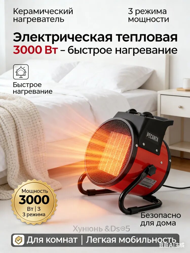Тепловая пушка электрическая Ресанта ТЭПК-3K с керамическим нагревательным элементом. Обогреватель, тепловентилятор для дома