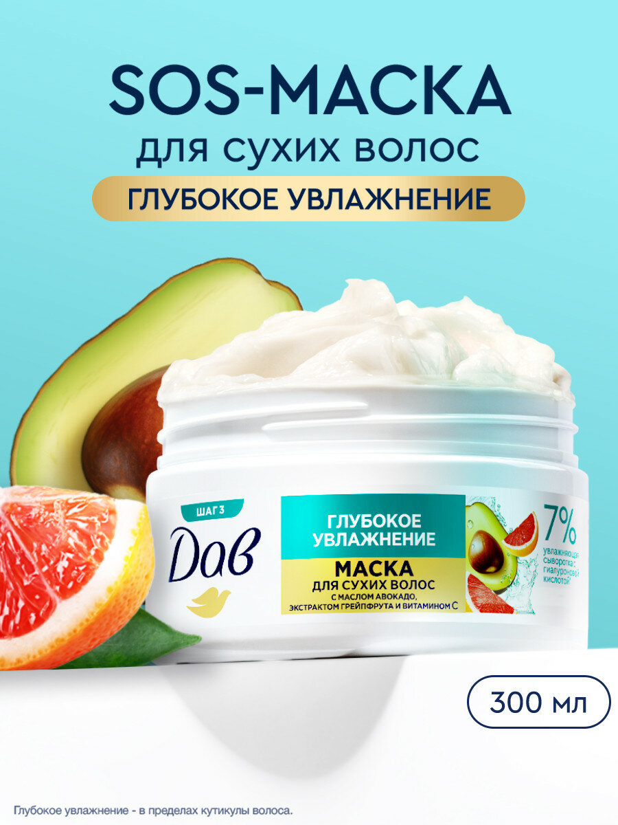 Дав Маска для волос увлажняющая и питательная с гиалуроновой кислотой и маслом авокадо 300 мл