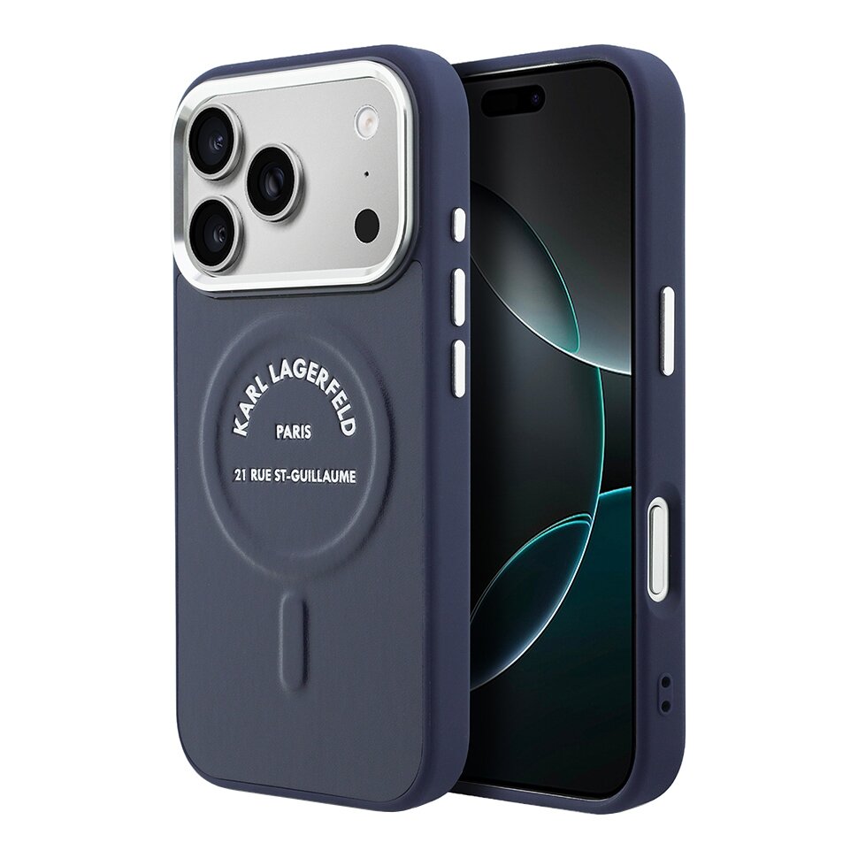 Karl Lagerfeld чехол с MagSafe для iPhone 17 Pro, из гладкой кожи PU с RSG лого, с защитой камеры, синий