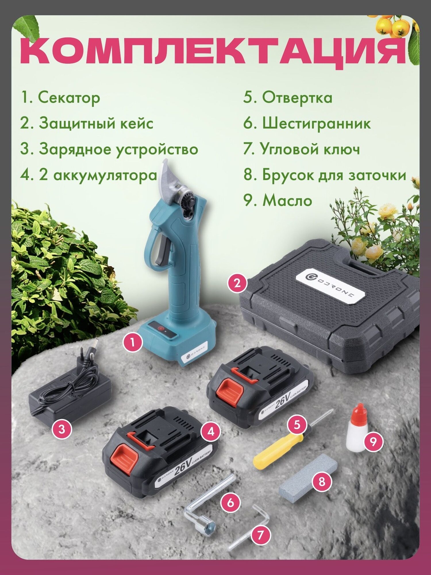Секатор GoDrone, аккумуляторный, 2 АКБ, 1000 Вт, 30 мм, двусторонний нож — фото 1