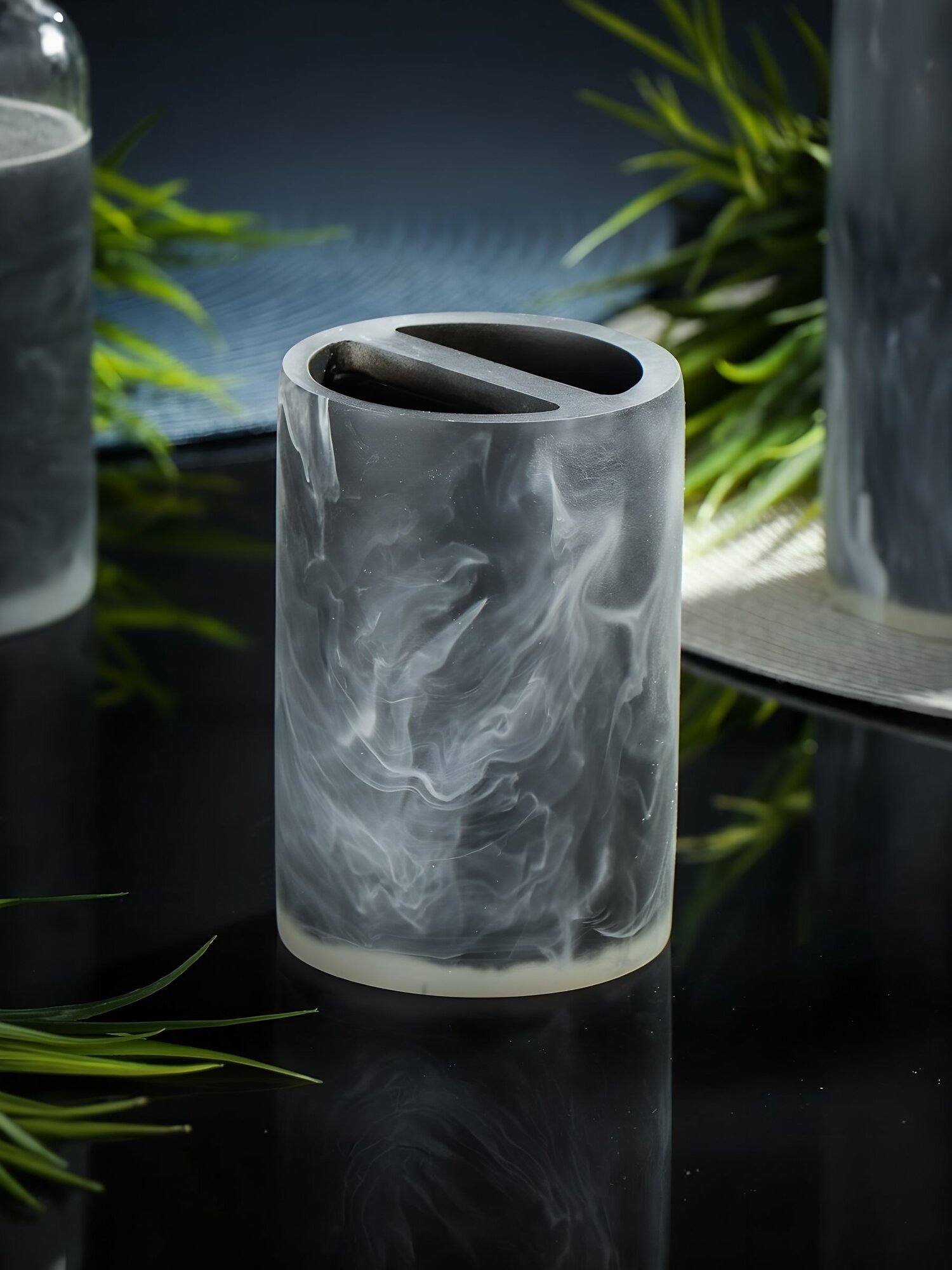 Стакан для зубных щеток 7х10.3 см из полистоуна под мрамор, серый, круглый, настольный, современный стиль, модель RE1320AA-TBH