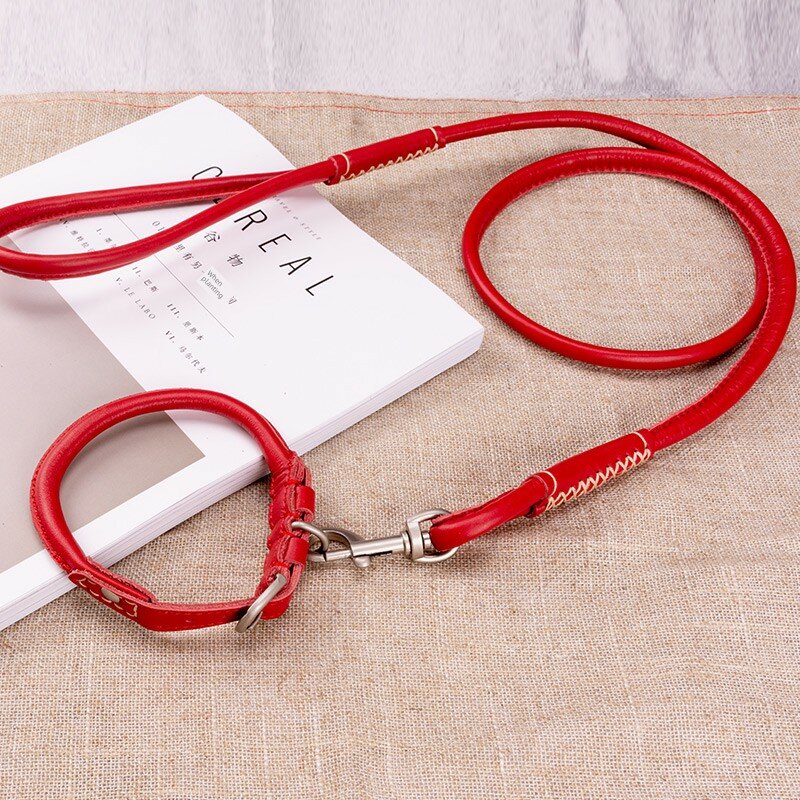 Красный набор ошейника и поводка из мягкой кожи для мелких собак, размер ошейника 41x1.2см, длина поводка 110x0.8см