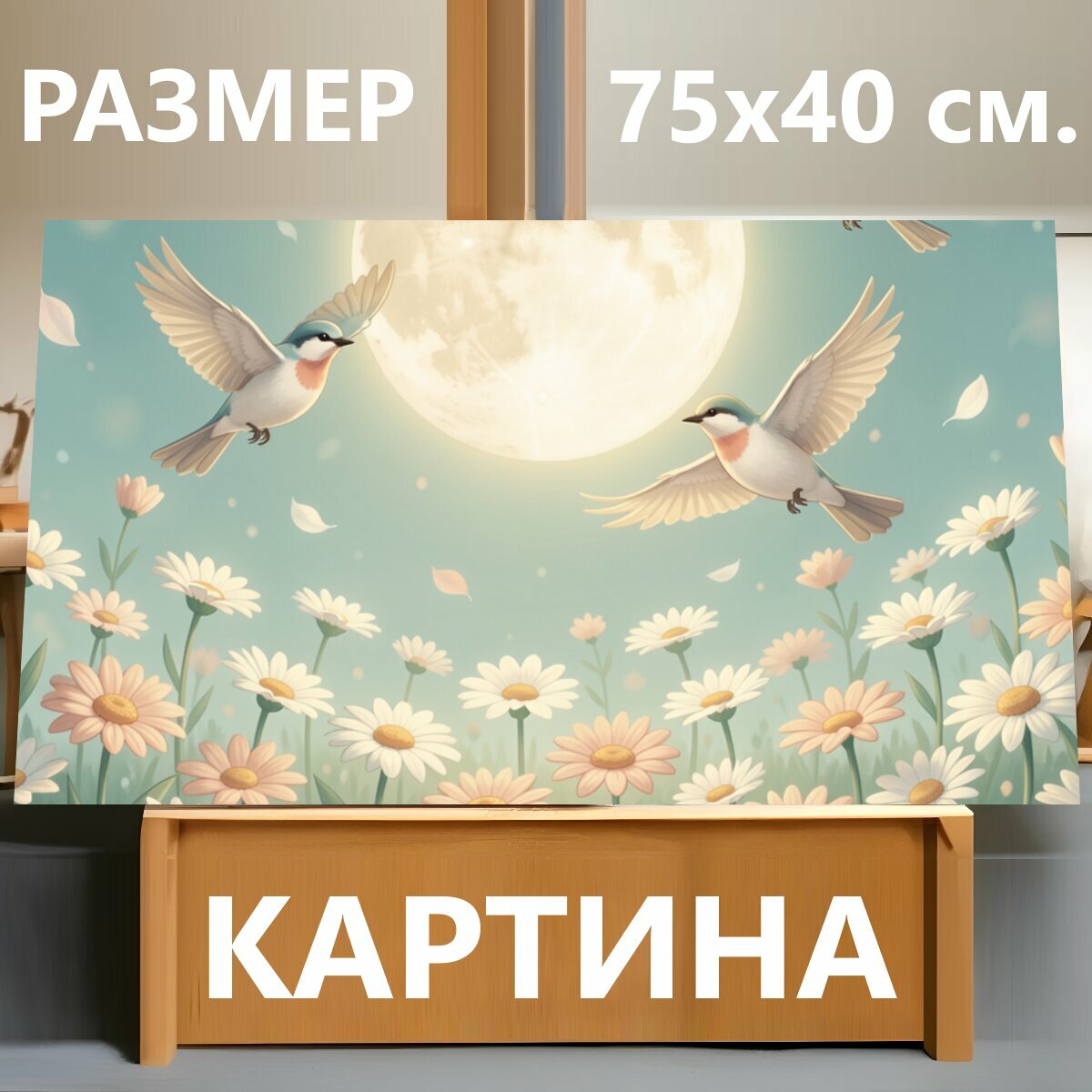 Картина на холсте "Птицы над цветочным лугом и луной. Нежная сказочная сцена: летающие пташки в мягком сиянии полной луны над полем ромашек и." на подрамнике 75х40 см. для интерьера