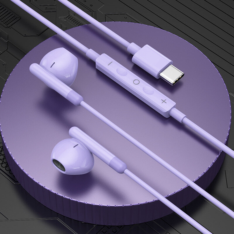 Универсальные наушники с микрофоном, фиолетовый цвет, разъем Type-C для iPhone 12/11, Samsung, Huawei - удобные вкладыши