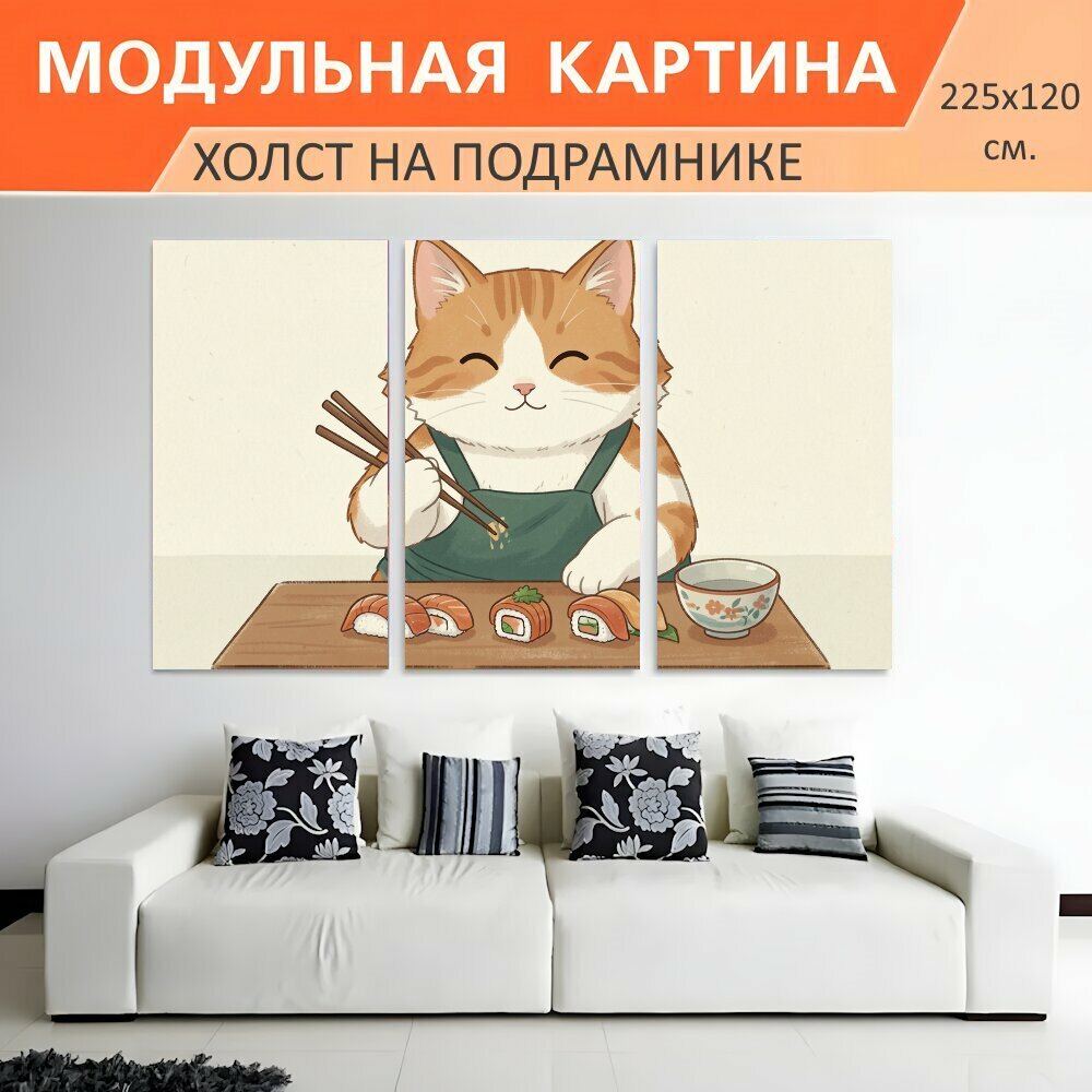 Модульная картина на холсте "Улыбающийся кот с суши. Милый рыжий питомец в зелёном фартуке сидит за низким столиком с роллами." триптих на подрамнике 225х120 см. для интерьера