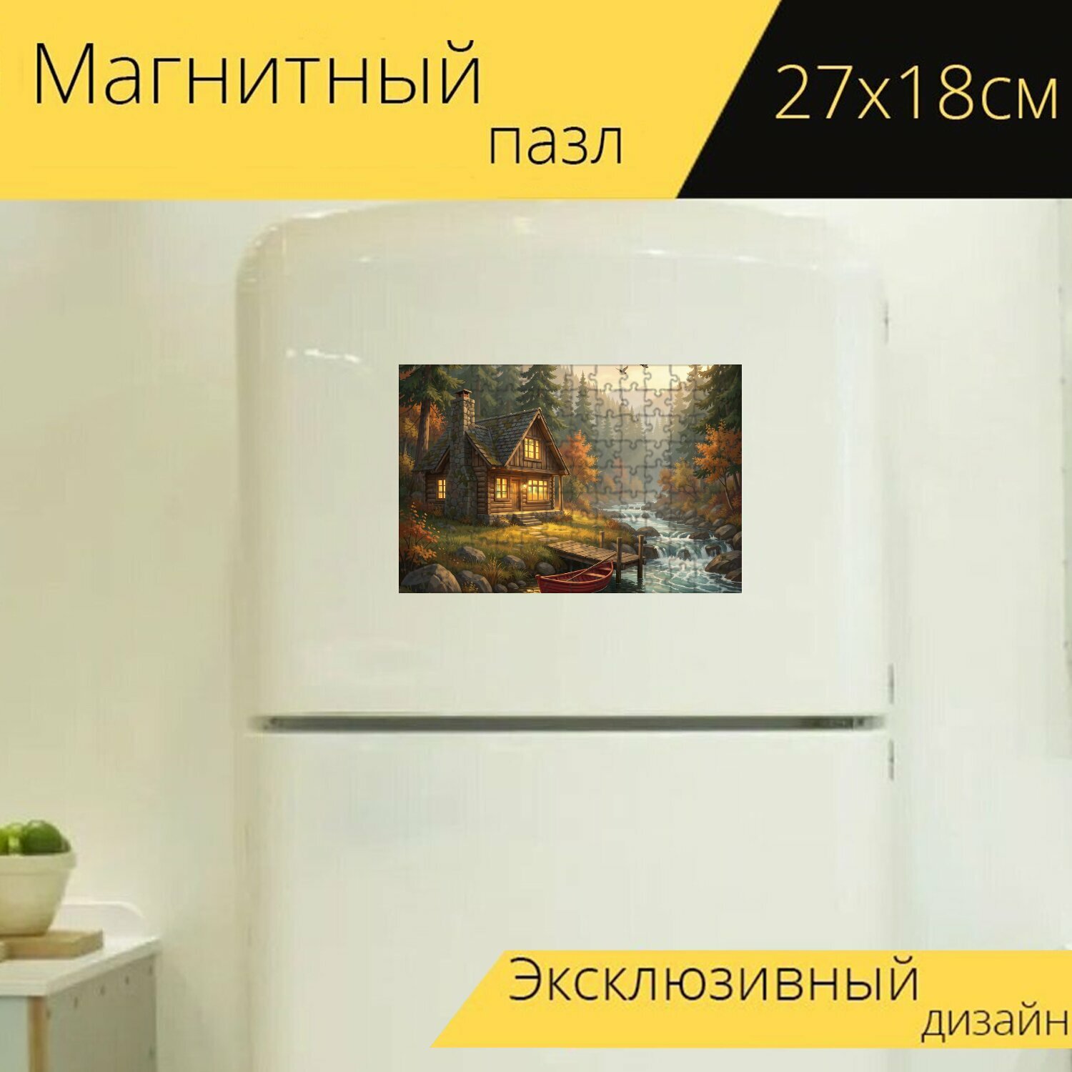 Магнитный пазл "Уютный дом у лесной реки. Сказочная деревня в еловом лесу: деревянный коттедж с тёплым светом, горный ручей с порогами, лодка у мостика." на холодильник 27 x 18 см.