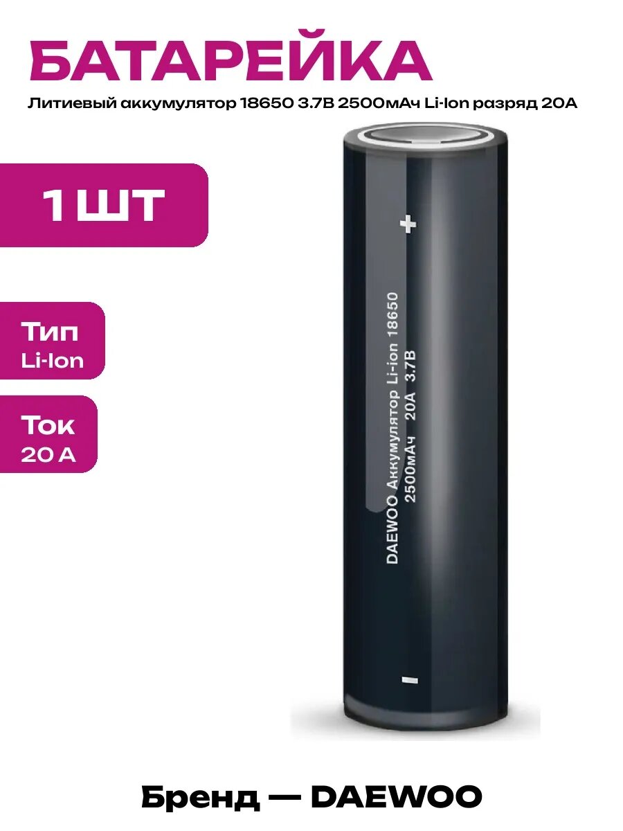 Перезаряжаемый аккумулятор 18650 3.7В Li-Ion 2500мАч ток 20А