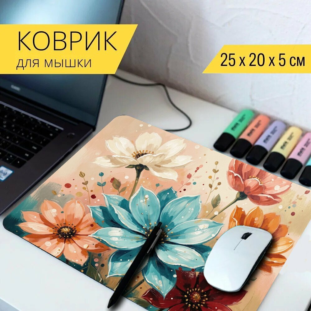 Коврик для мыши с принтом "Яркие цветы в абстрактной живописи. Нежная флористическая композиция с крупными бутонами в бирюзовых, коралловых, оранжевых, белых и бордовых." 25x20см.