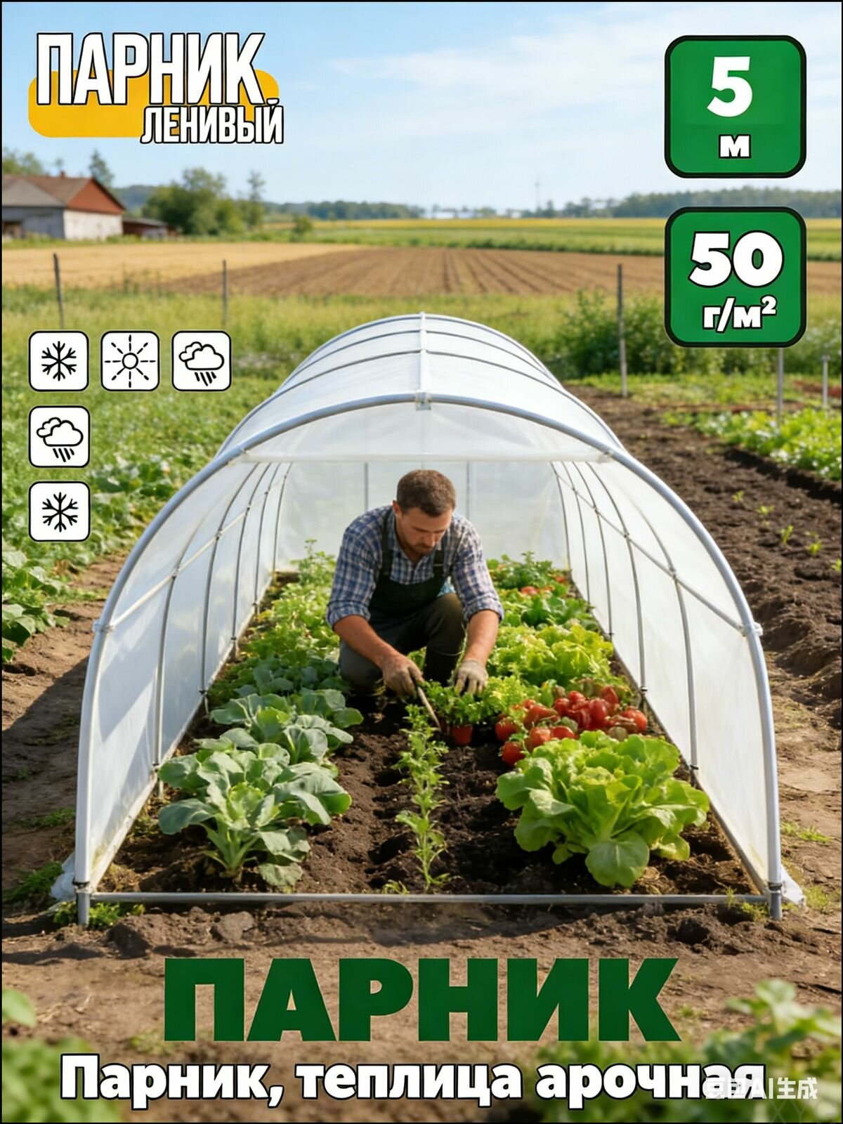 Арочная теплица Ленивый 5х2х1м для премиум рассады, комплектуется укрывным материалом с дугами, обеспечивает защиту от птиц и заморозков
