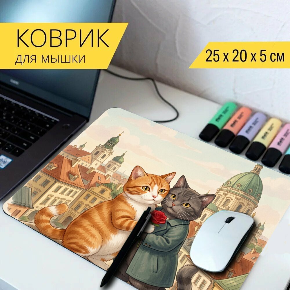 Коврик для мыши с принтом "Два кота с розой на крыше. Трогательная иллюстрация: рыжий и серый домашние питомцы обнимаются с алой розой на фоне европейского города, куполов." 25x20см.