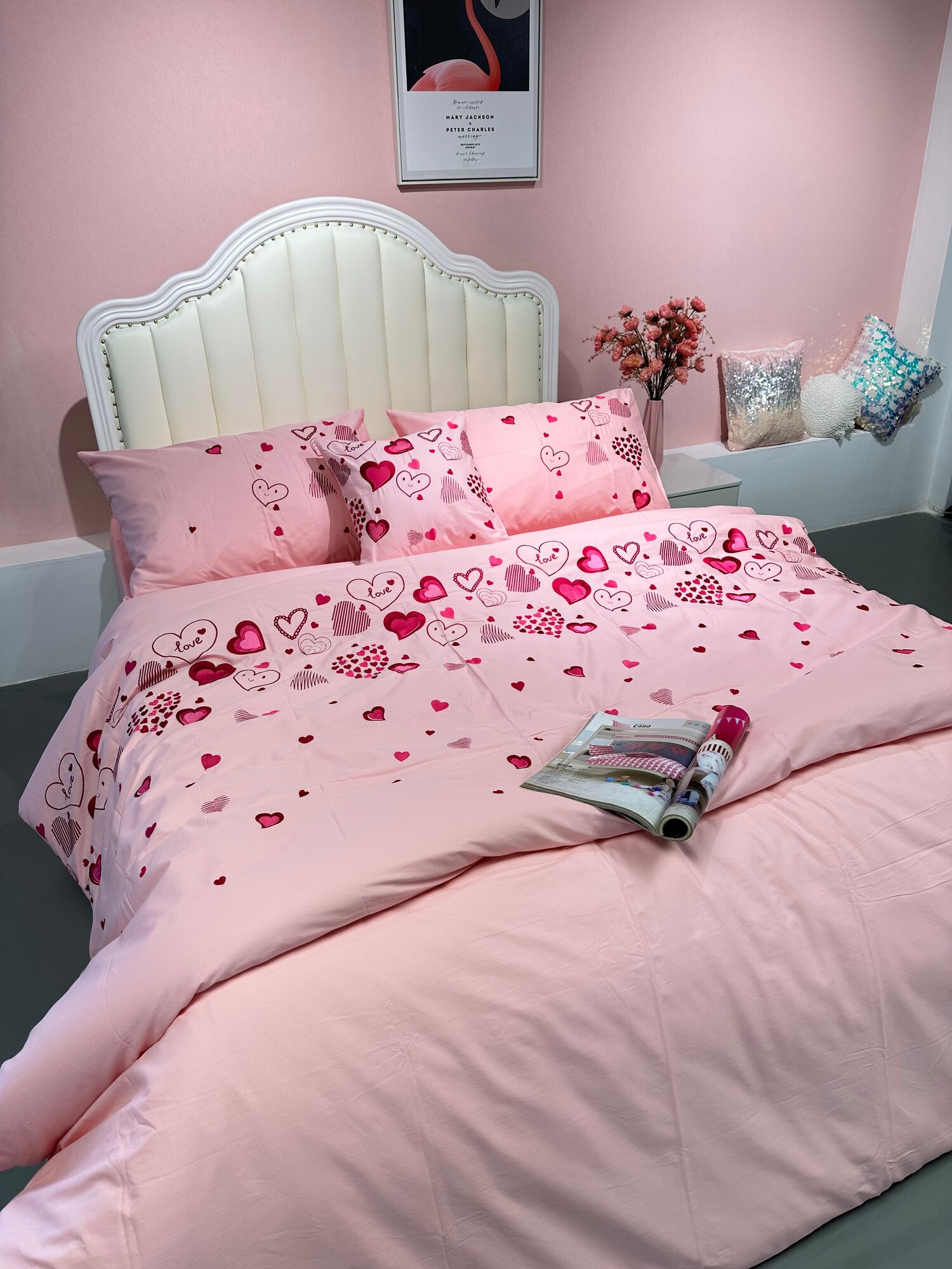 Комплект постельного белья EASY Home Textiles из розового твила, 100% хлопок, с вышивкой в форме сердца, три или четыре