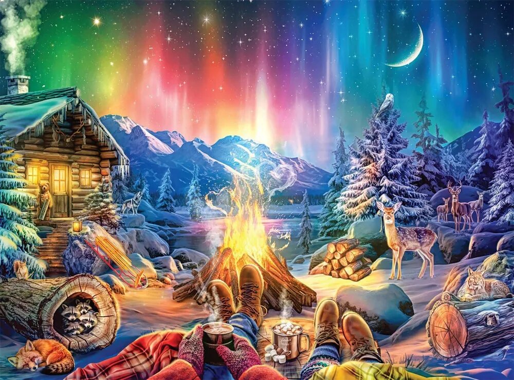 Деревянные пазлы 1000 элементов, подарочная упаковка,50x75cm, Костер в зимнюю ночь, подарочный набор для взрослых, продвинутый уровень сборки 5-10.
