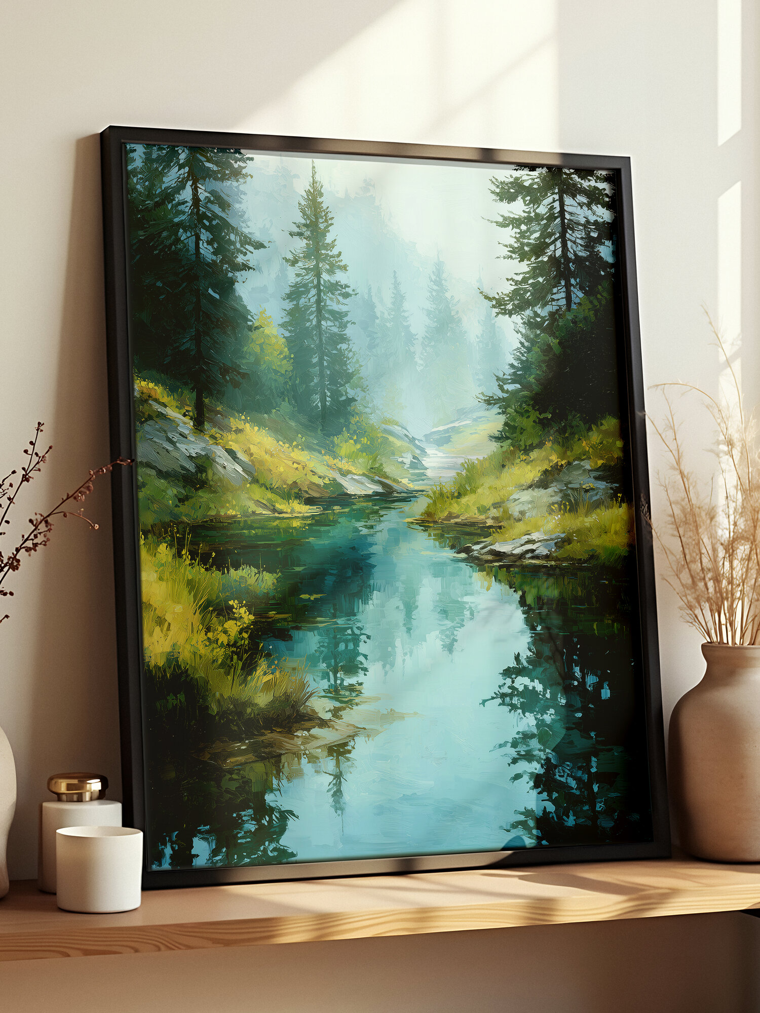 Картина в тёмной раме Postermarket "Речка в лесу" на холсте в раме, 50x70 см