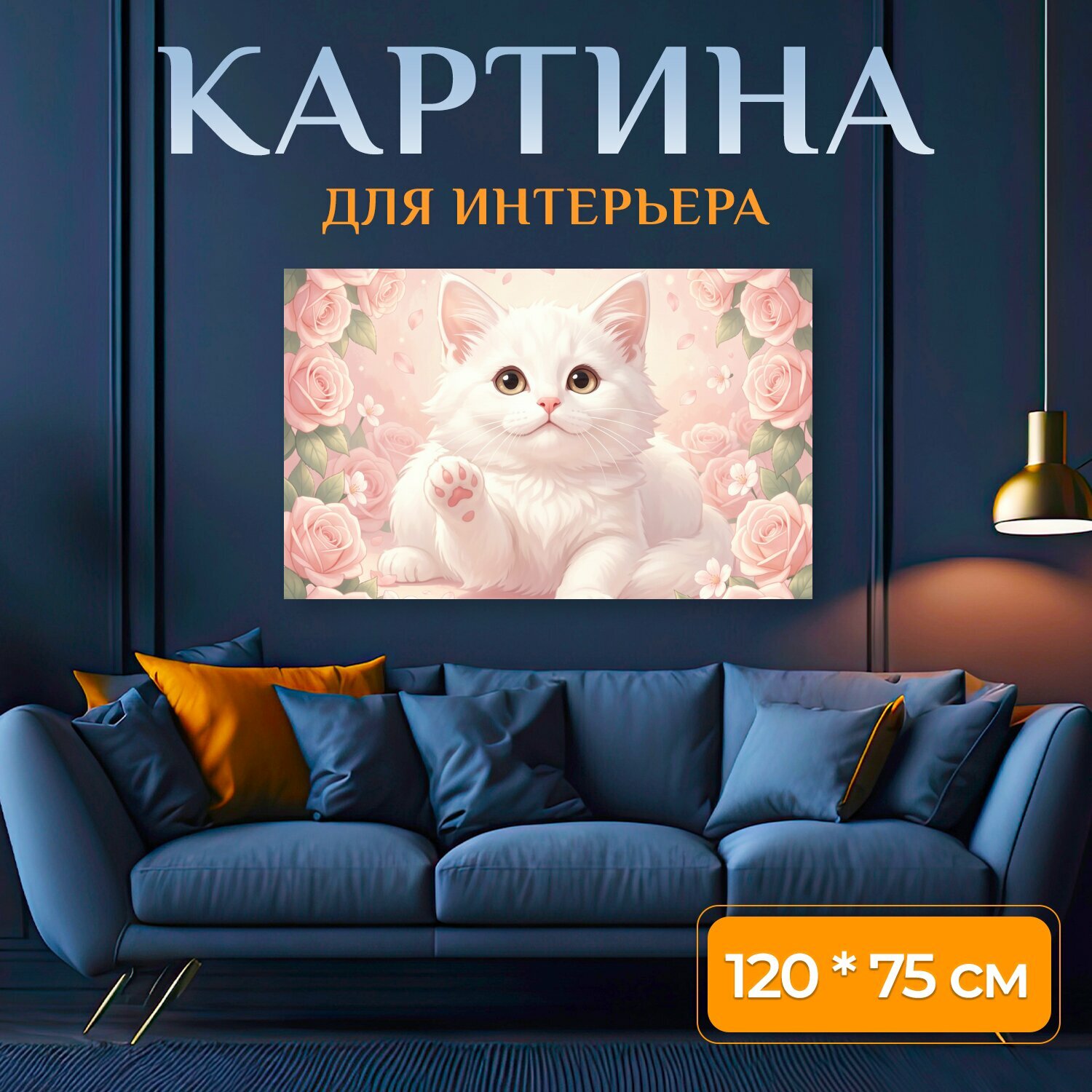 Картина на холсте "Белый котенок в розах. Нежная иллюстрация пушистого белоснежного котенка в окружении розовых бутонов и лепестков." на подрамнике 120х75 см. для интерьера