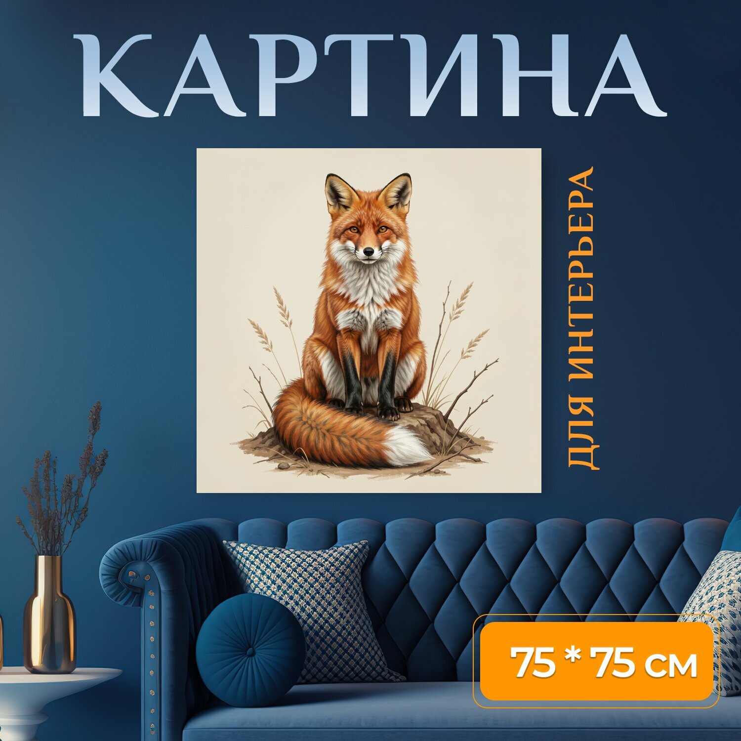 Картина на холсте "Лиса на камне в поле. Рыжая лесная хищница с пушистым хвостом сидит среди сухих трав и веток на светлом фоне. Акварельная." на подрамнике 75х75 см. для интерьера