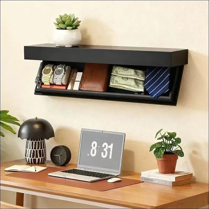 Настенный деревянный скрытый сейф черный 40x24x7.2 см тайник для дома