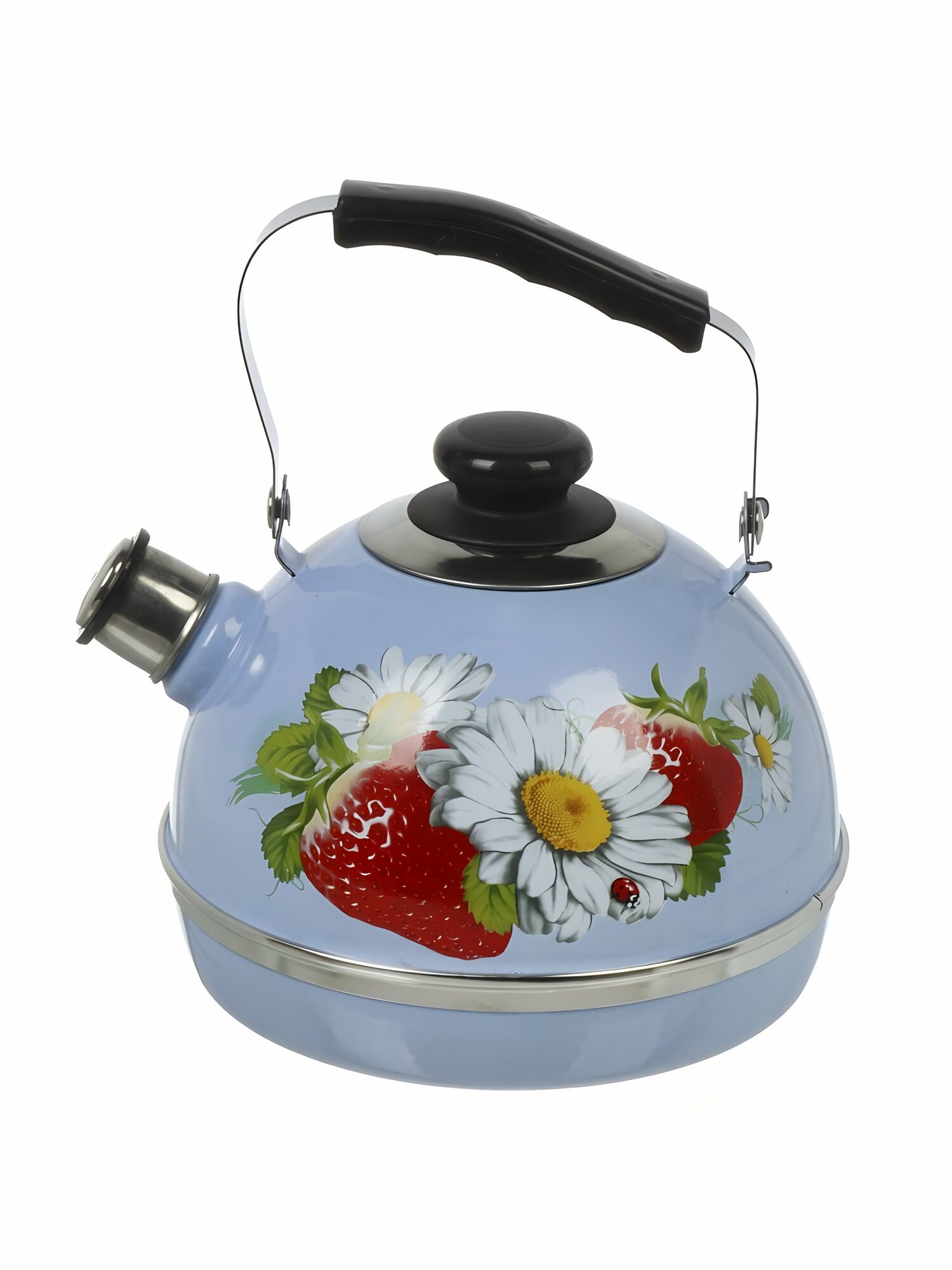 Рубин чайник для плиты из эмалированной стали со свистком, 3.5 л, синий туман, Клубника с ромашкой