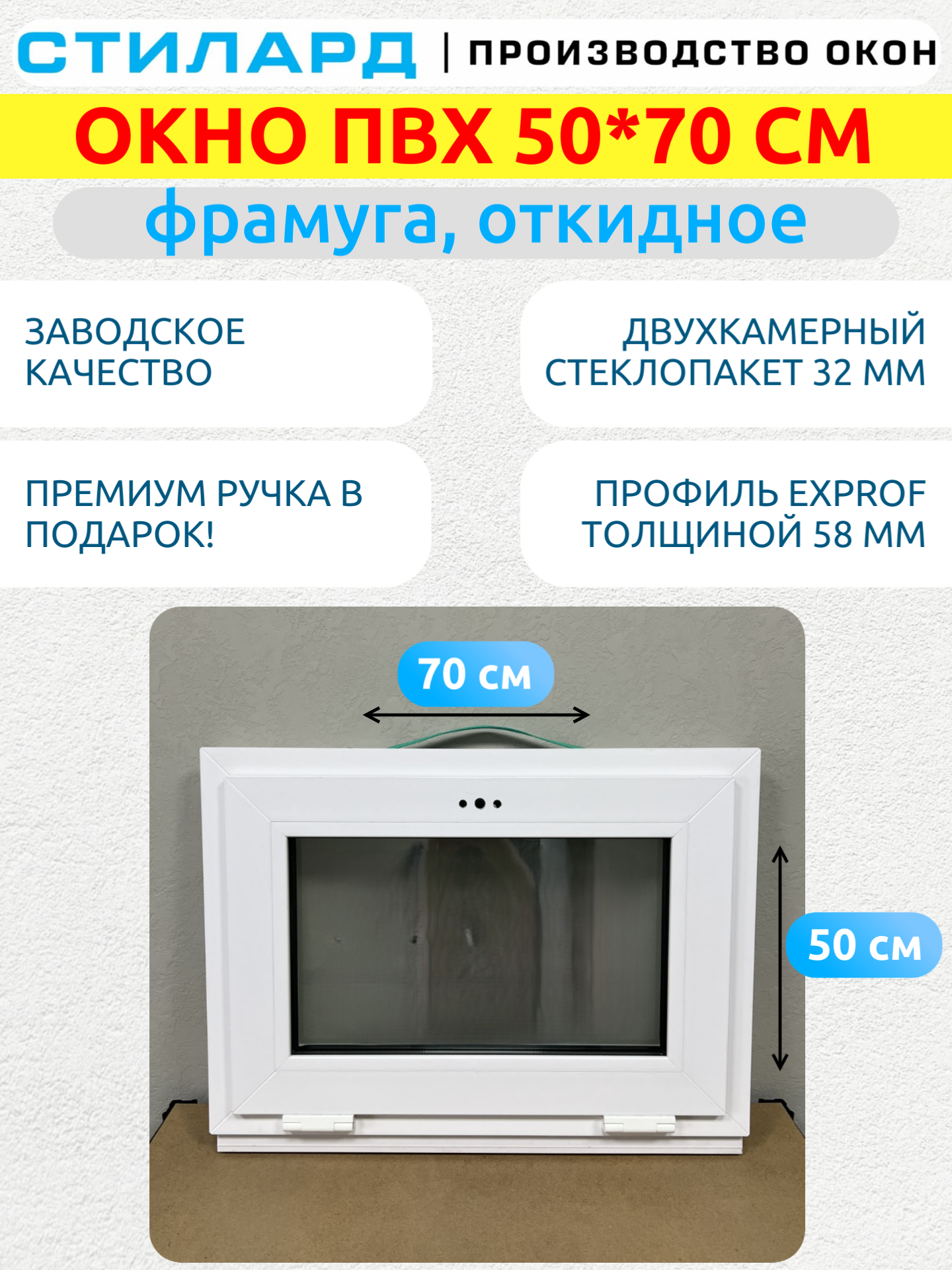 Окно пластиковое ПВХ, 50х70 см, откидное, двухкамерный стеклопакет, белое