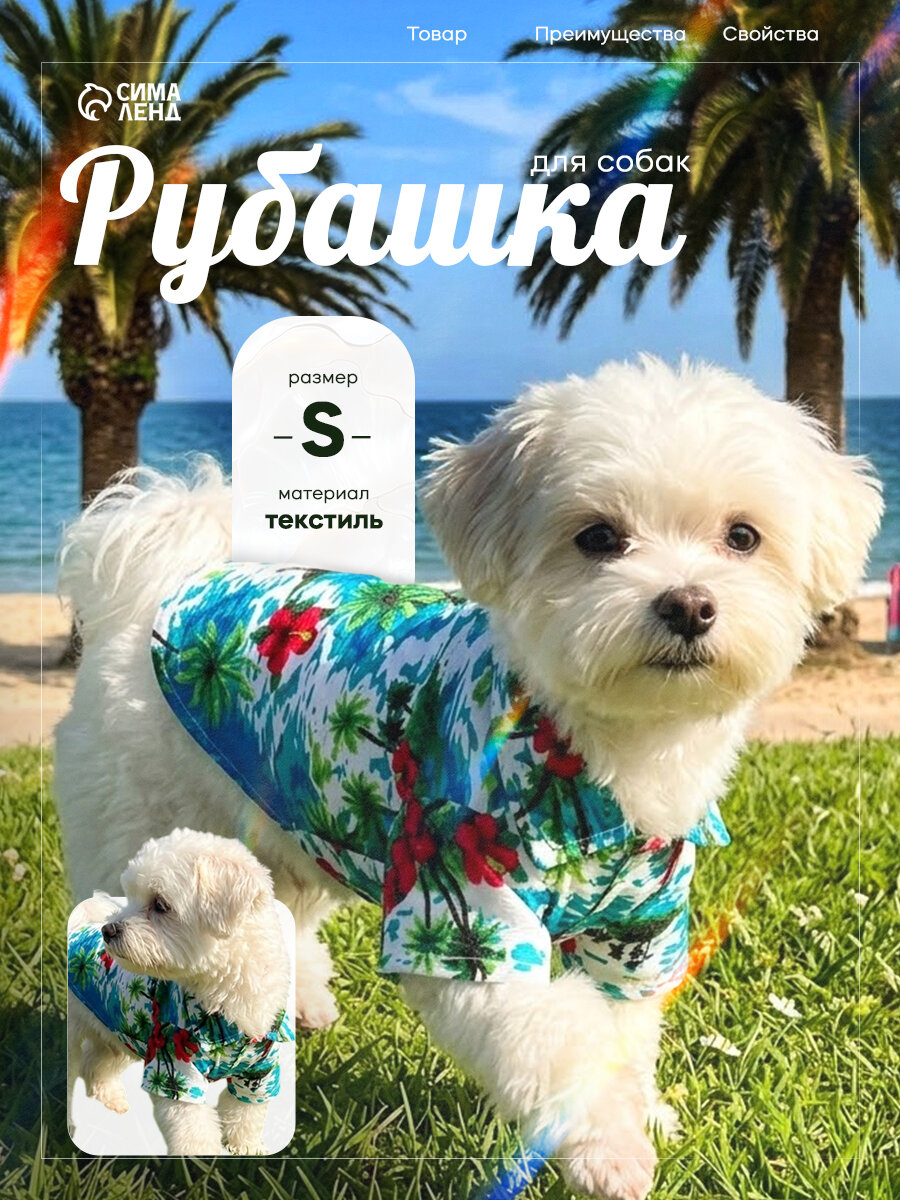 Рубашка для собак «Тропики», размер S, ДС 25, ОГ 35, ОШ 23 см, голубая