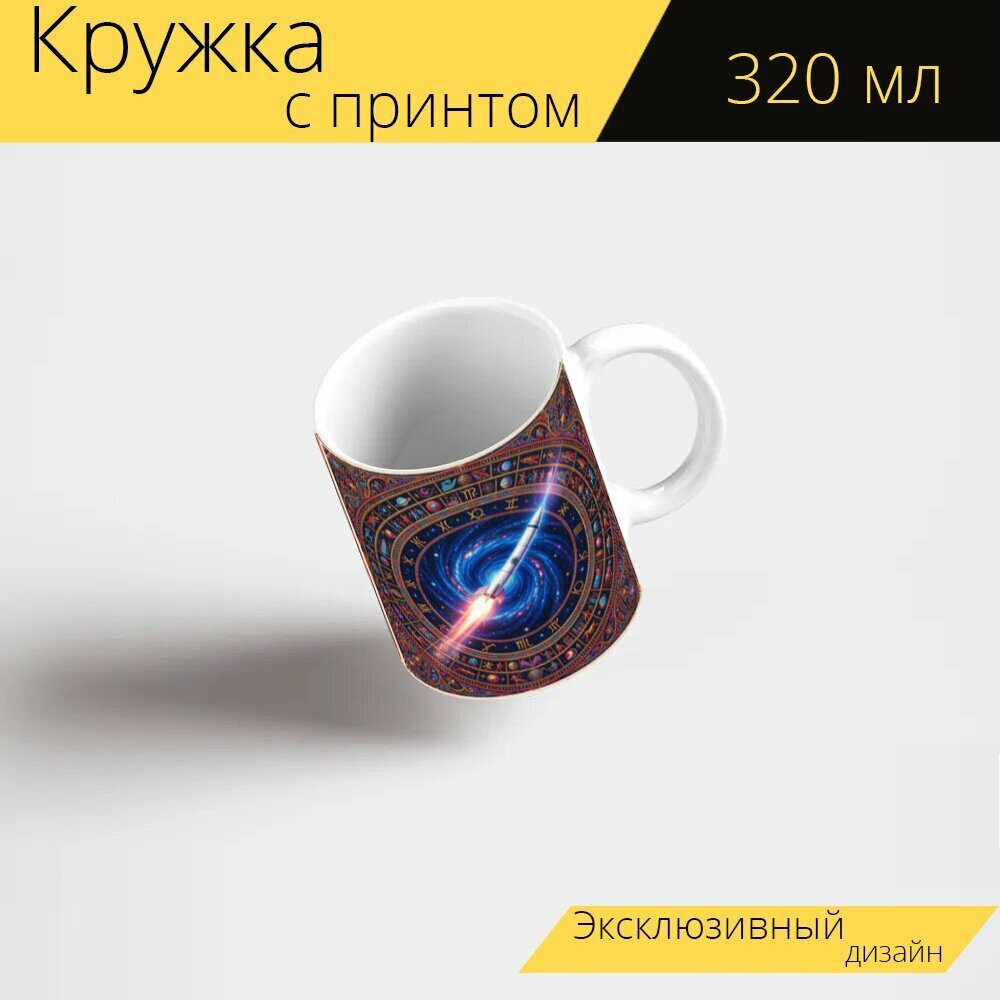 Кружка с рисунком, принтом "Ракета в зодиакальном вихре. Фантастическая космическая композиция с летящей ракетой, вращающейся галактикой и астрологическим кругом. Яркие." 320 мл.