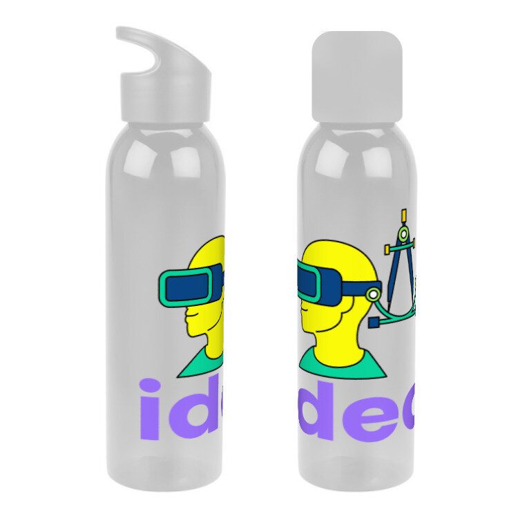Бутылка для воды «Голова в VR-очках с циркулем, надпись Idea» (серый)