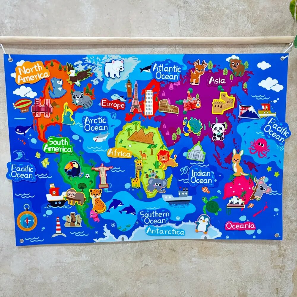 Детская карта мира из войлока 101x70см с животными и достопримечательностями на липучках для обучения географии в игровой форме