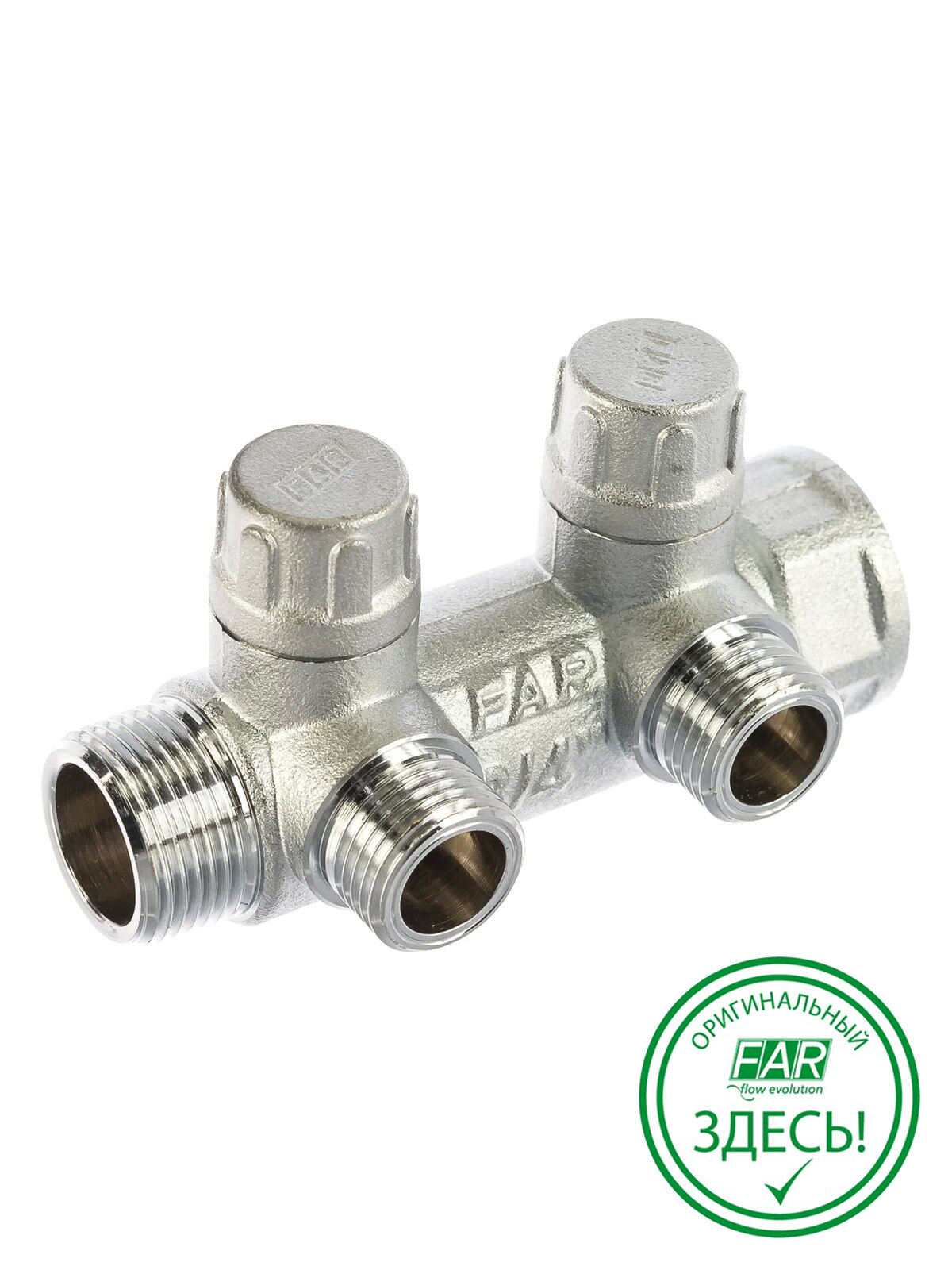 Коллектор запорный FAR 3/4"ВН на 2 отвода 1/2"Н, плоское уплотнение FK 3860 3412TP