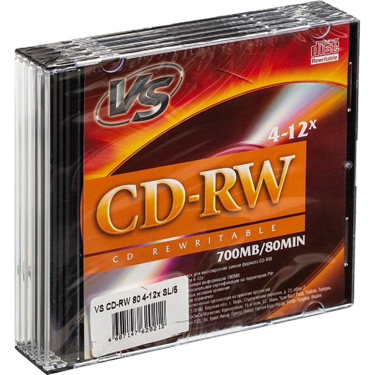 Оптический диск CD-RW VS 700Mb, 4-12x, slim case, 5шт. (VSCDRWSL501), 5шт.